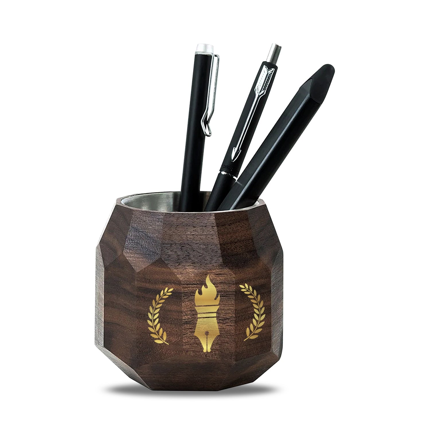 Customized Wooden Pen Holder With Gold Colored Design For Corporate Gi ...